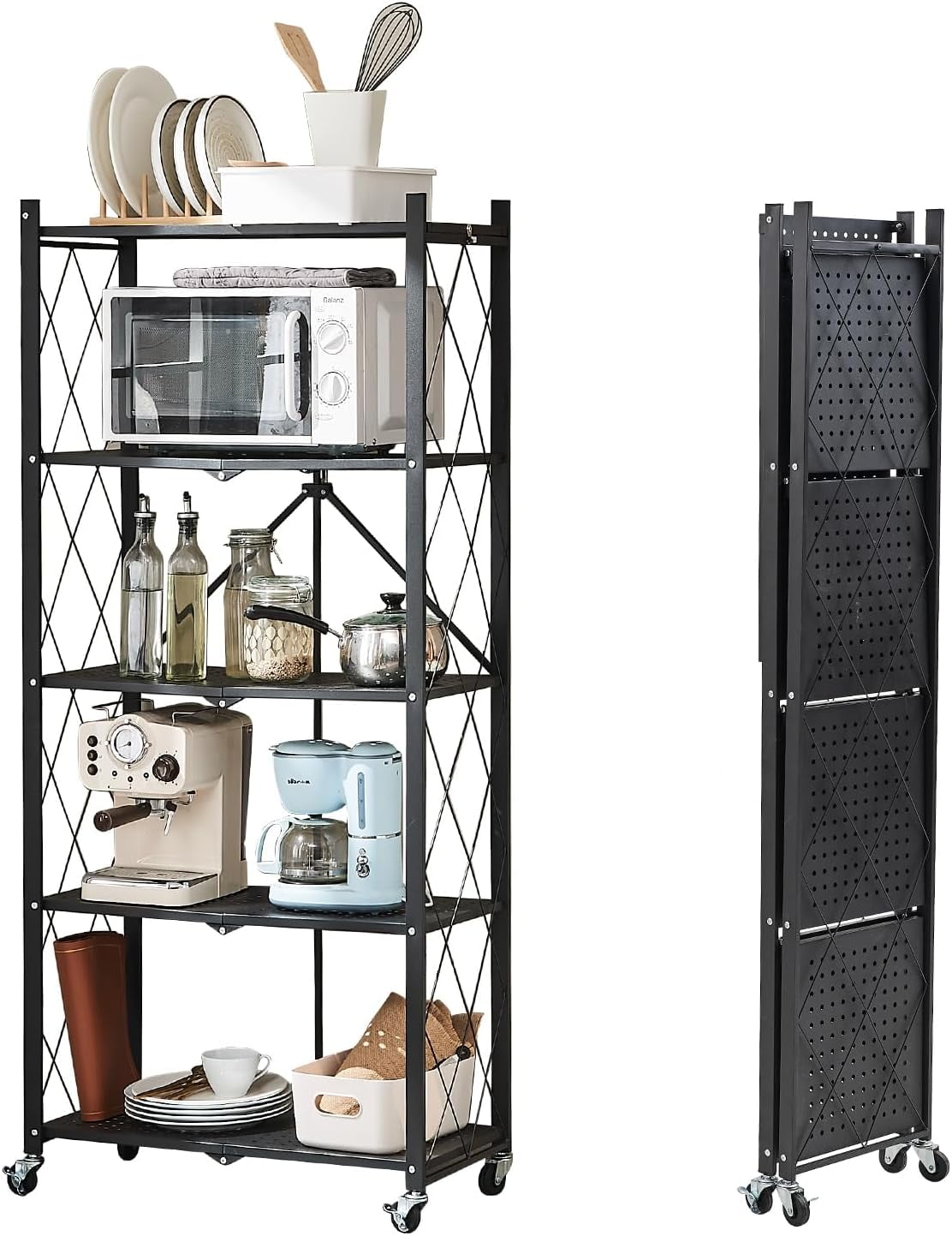 5-Tier Foldable Storage Shelves with Wheels, Folding Metal Rack ...