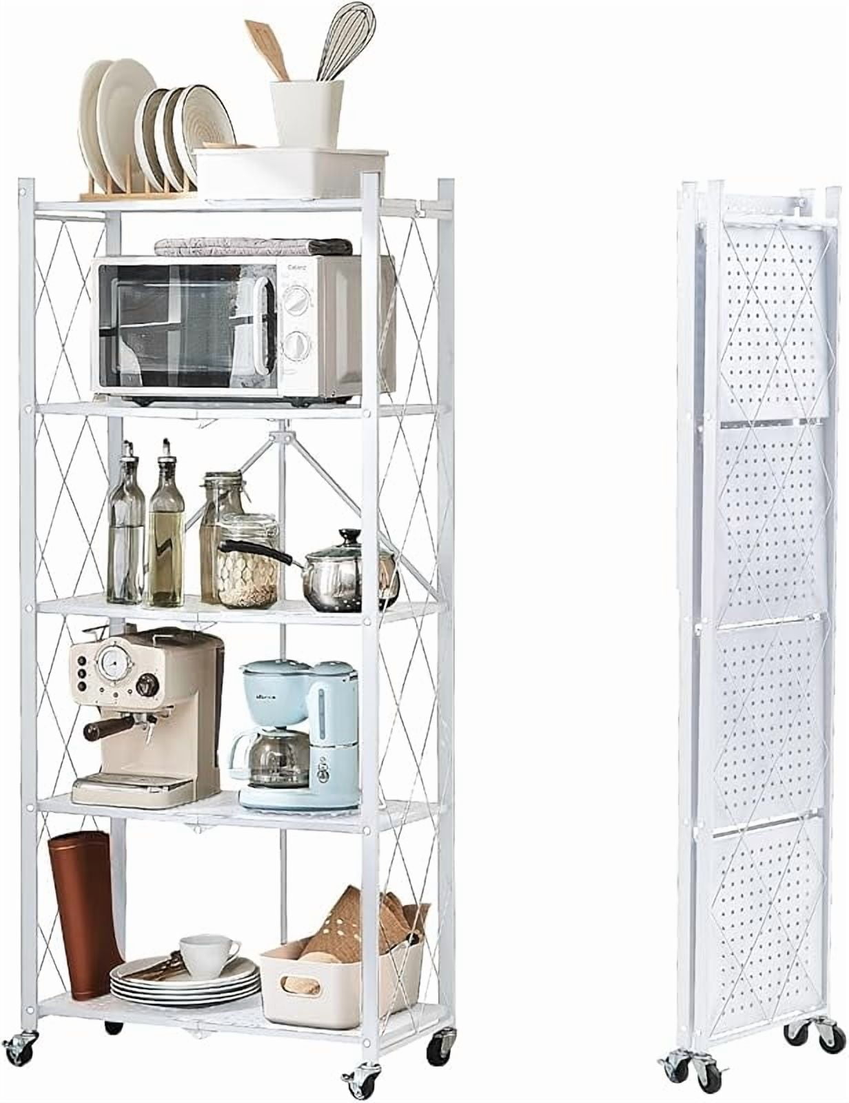 5-Tier Foldable Storage Shelves with Wheels, Folding Metal Rack ...