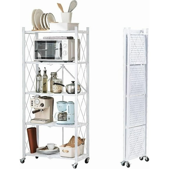 5-Tier Foldable Storage Shelves with Wheels, Folding Metal Rack ...