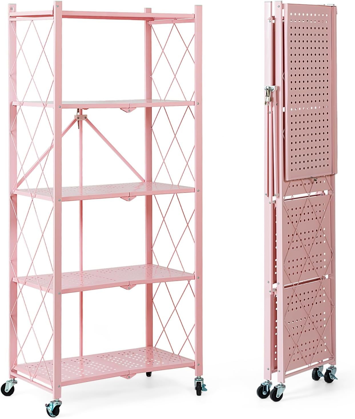 5-Tier Foldable Storage Shelves with Wheels, Folding Metal Rack ...