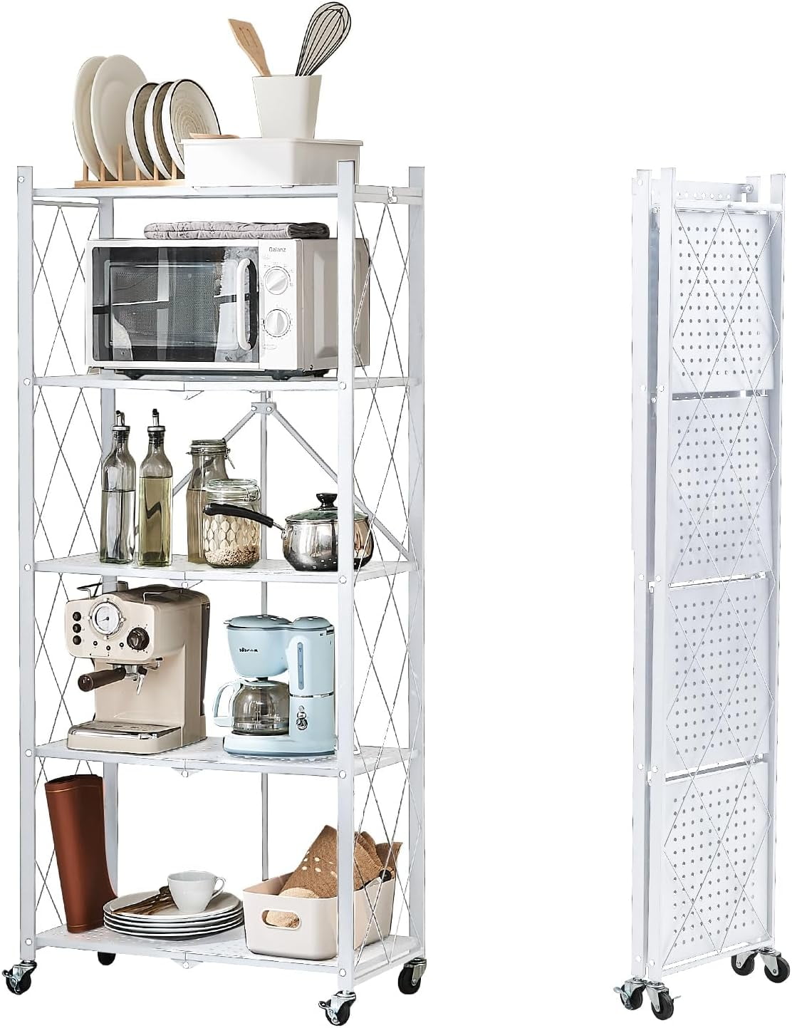 5-Tier Foldable Storage Shelves with Wheels, Folding Metal Rack ...