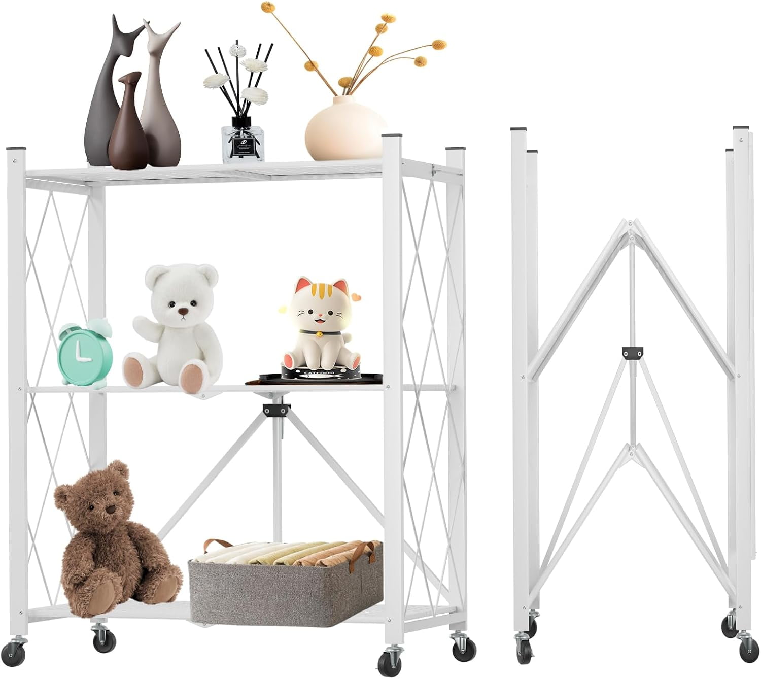 5-Tier Foldable Storage Shelves with Wheels Folding Metal Shelf Unit ...