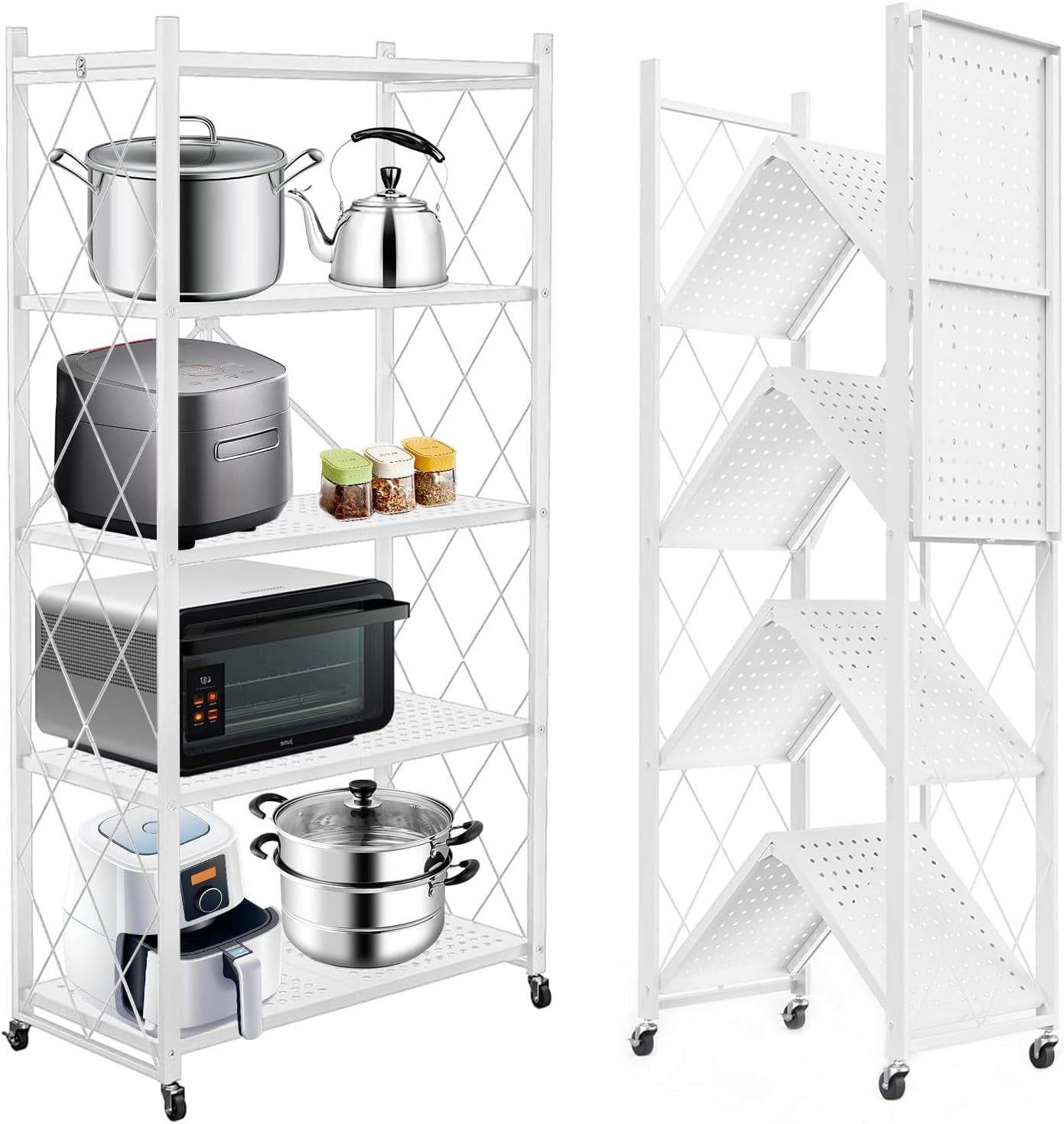 5-Tier Foldable Storage Shelves with Wheels, Folding Shelving Units ...