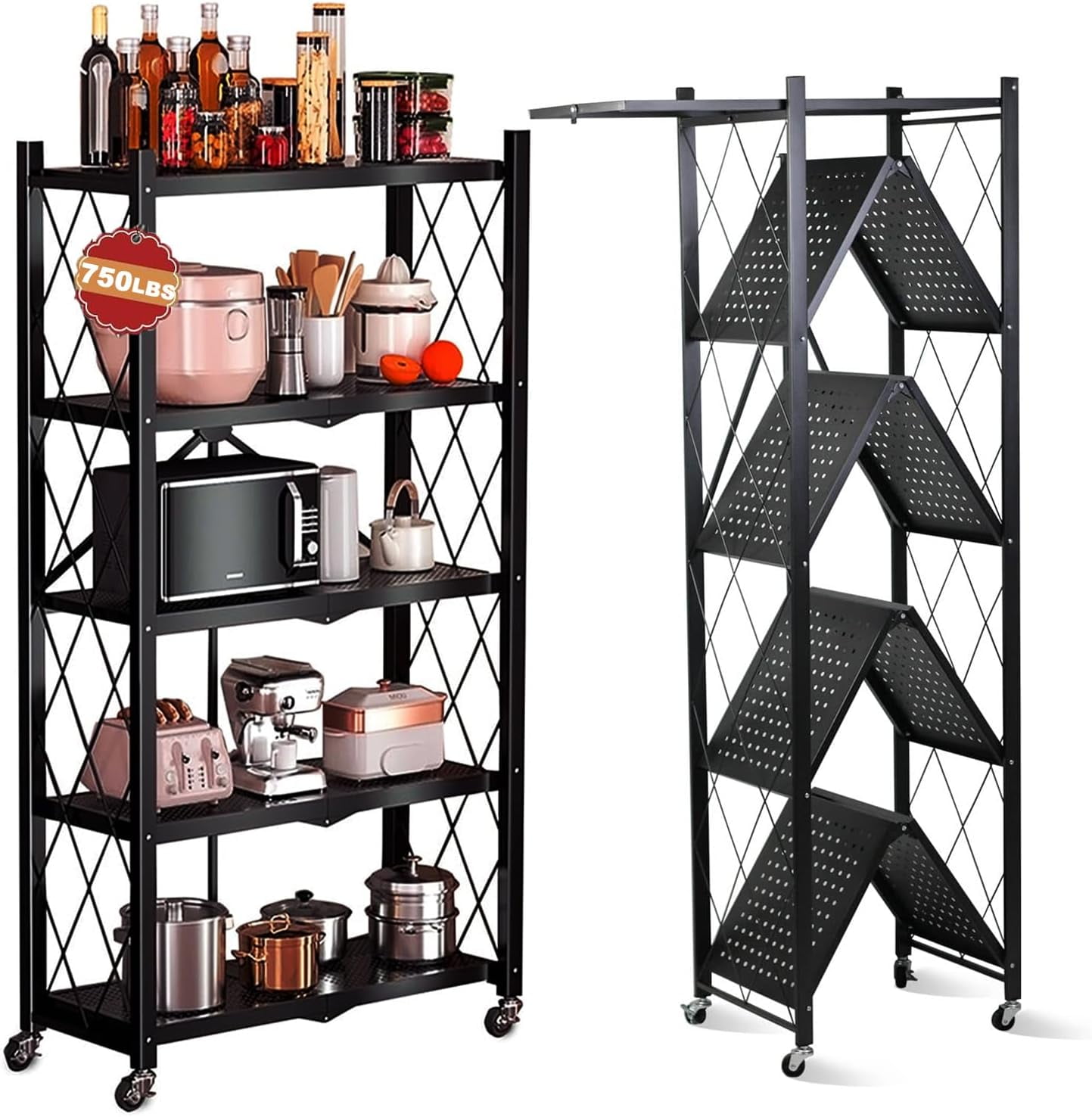 5-Tier Foldable Storage Shelves with Wheels, Heavy Duty Garage Storage Shelves Collapsible ...
