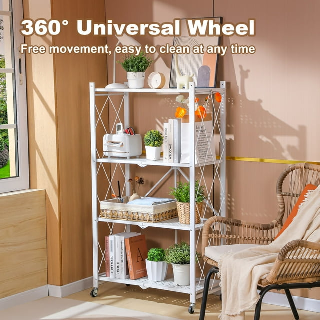 5 Tier Foldable Storage Shelves with Wheels, Heavy Duty Metal Shelving ...