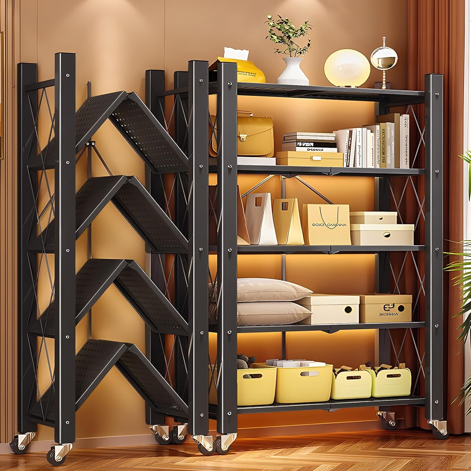 5 Tier Foldable Storage Shelves with Wheels,Heavy Duty Metal Storage ...