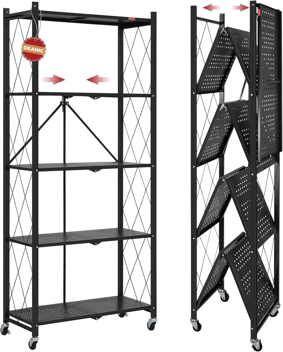 5 Tier Foldable Storage Shelves with Wheels, Large Capacity Shelving ...