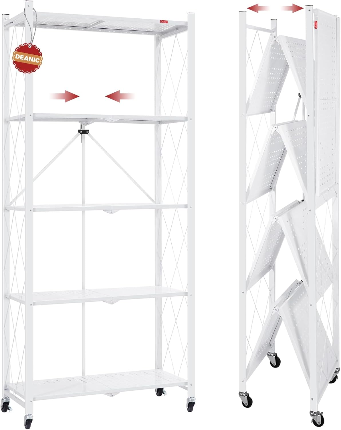 5 Tier Foldable Storage Shelves with Wheels, Large Capacity Shelving ...