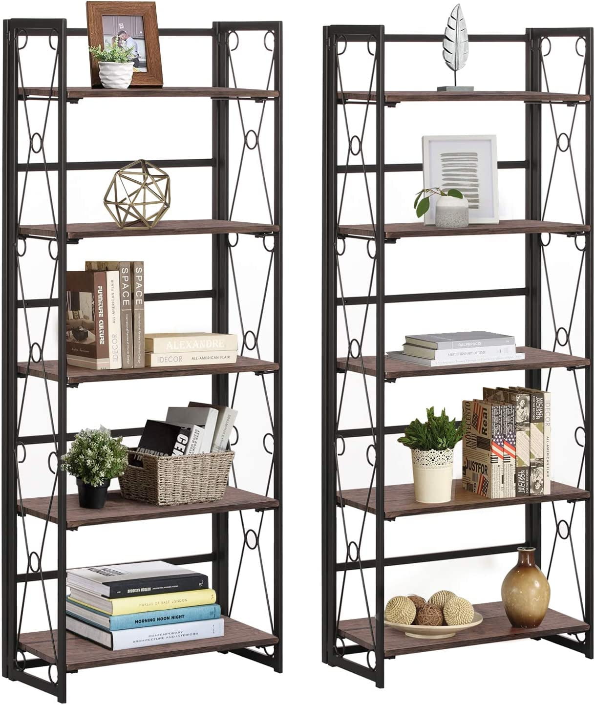5 Tier Folding Bookshelf, No-Assembly Folding-Bookshelf, Industrial ...