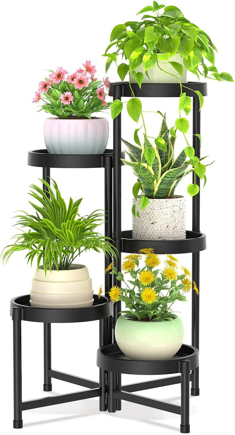 5 Tier Folding Plant Stand Indoor Outdoor with Plastic Tray, Tiered ...