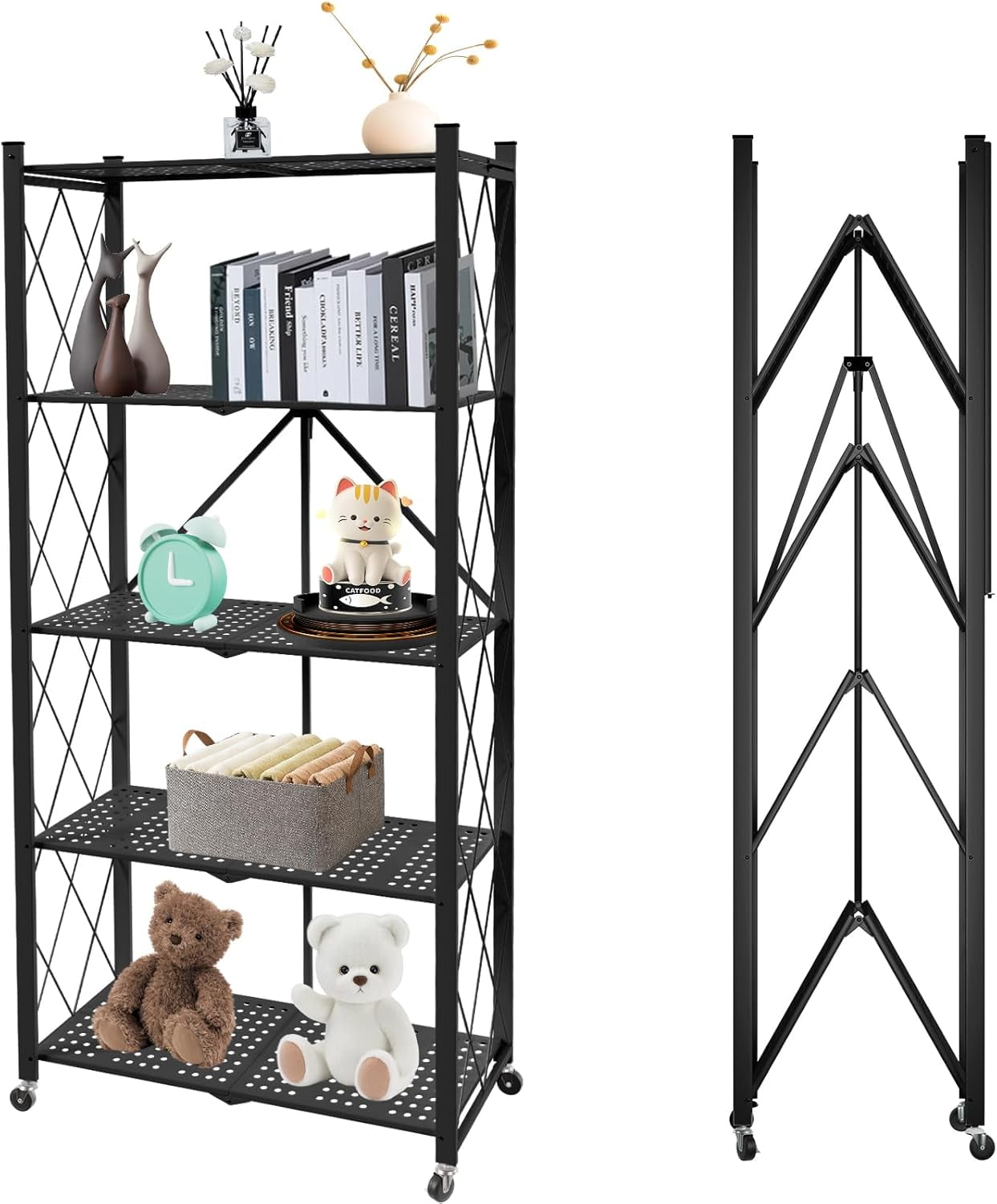 5 Tier Folding Shelf with Wheels, Metal Steel Collapsible Shelves, No ...