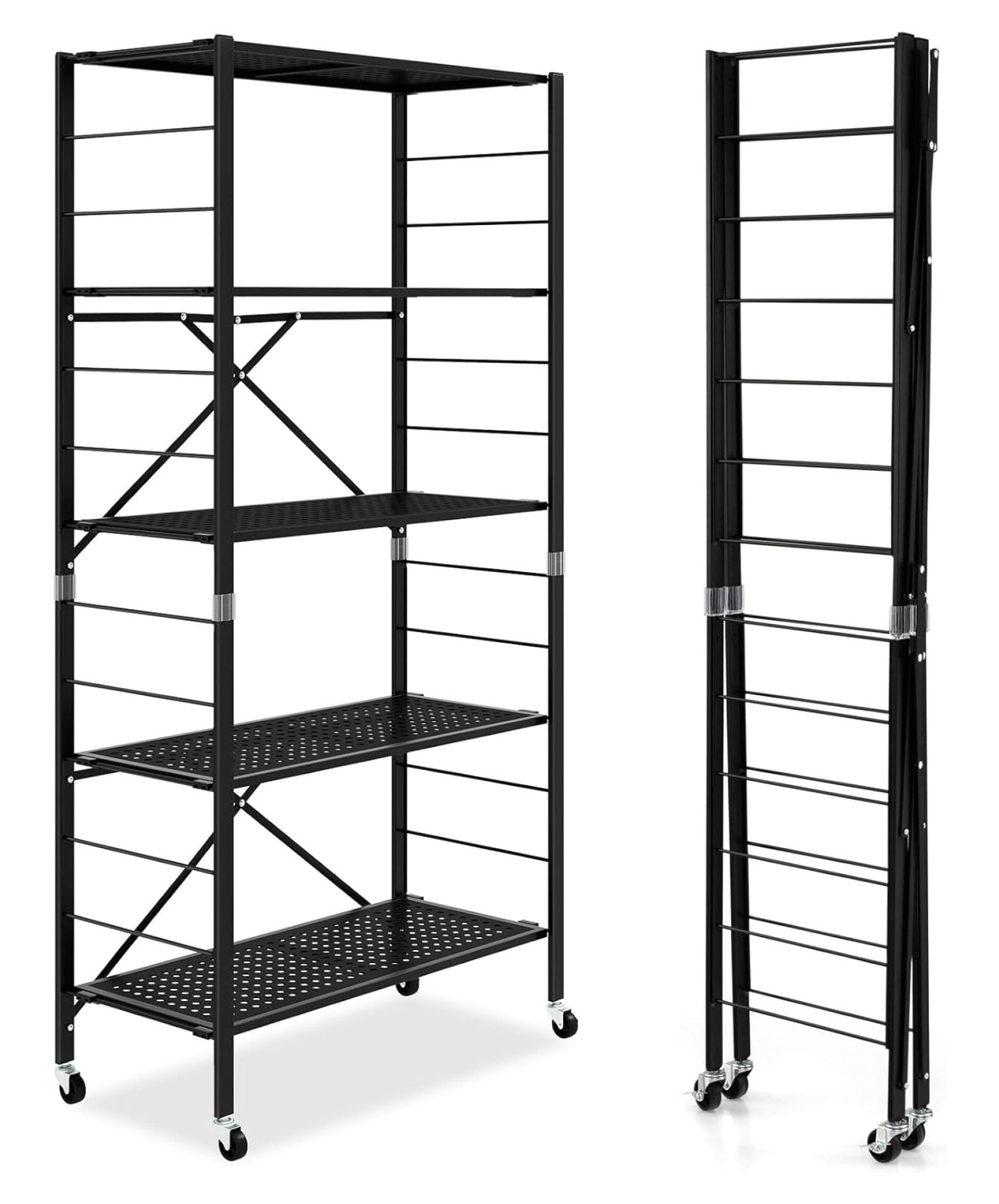 5-Tier Folding Storage Shelves with Wheels, 60” Tall Adjustable Metal ...