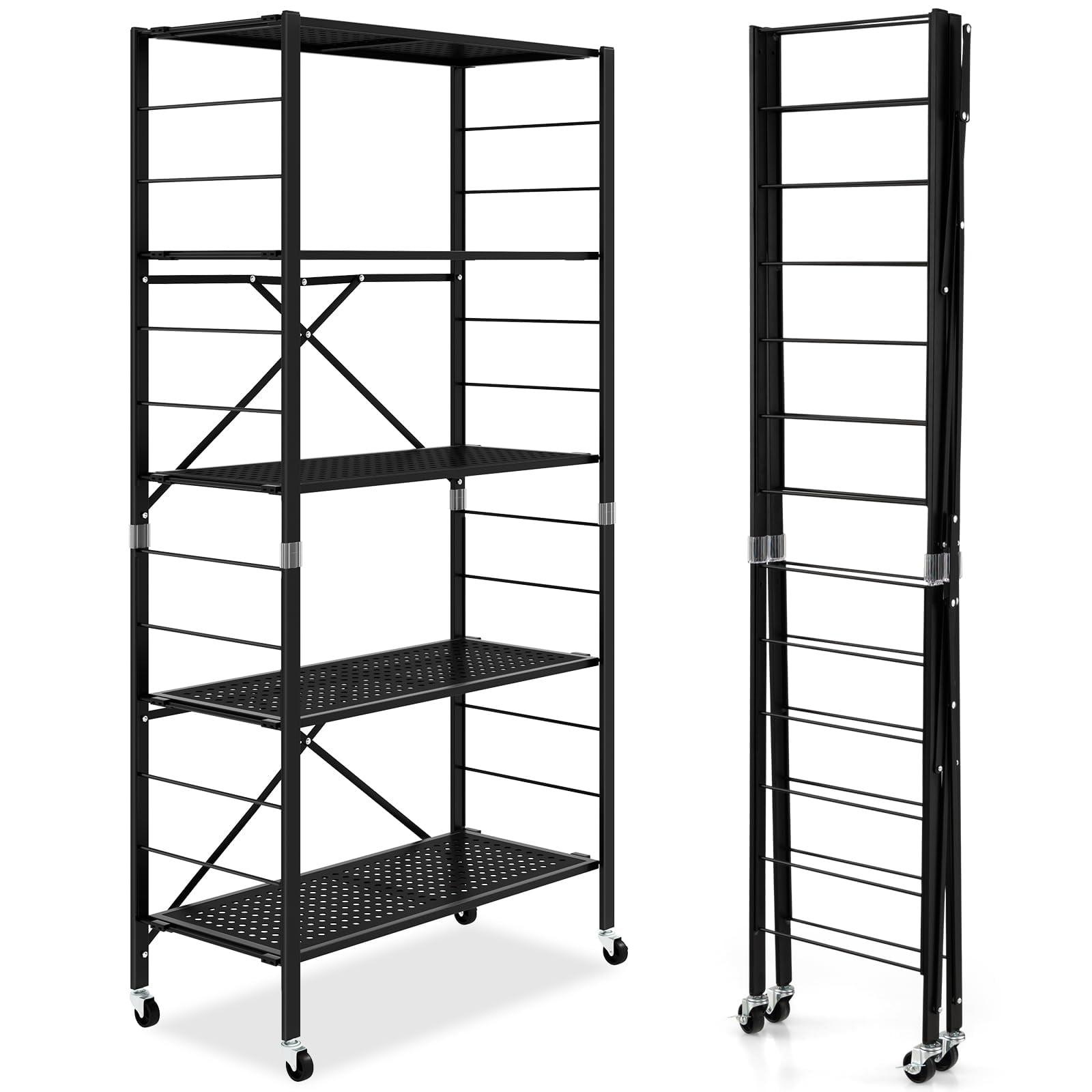 5-Tier Folding Storage Shelves with Wheels, 60” Tall Adjustable Metal ...
