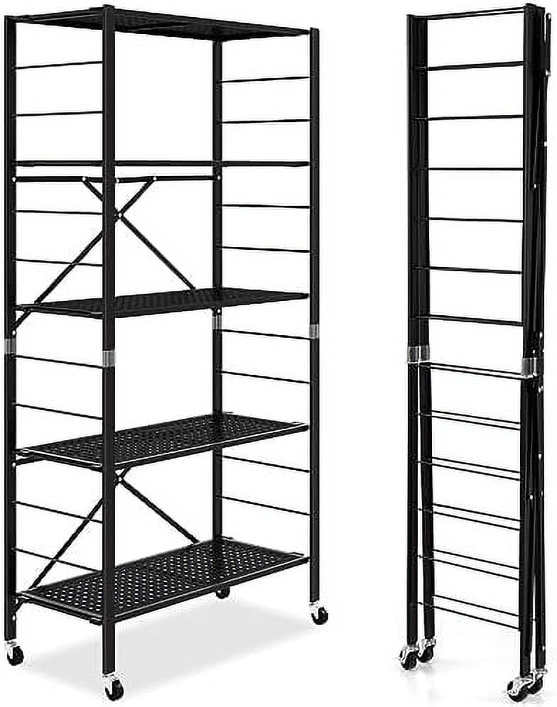 5-Tier Folding Storage Shelves with Wheels, 60” Tall Adjustable Metal ...