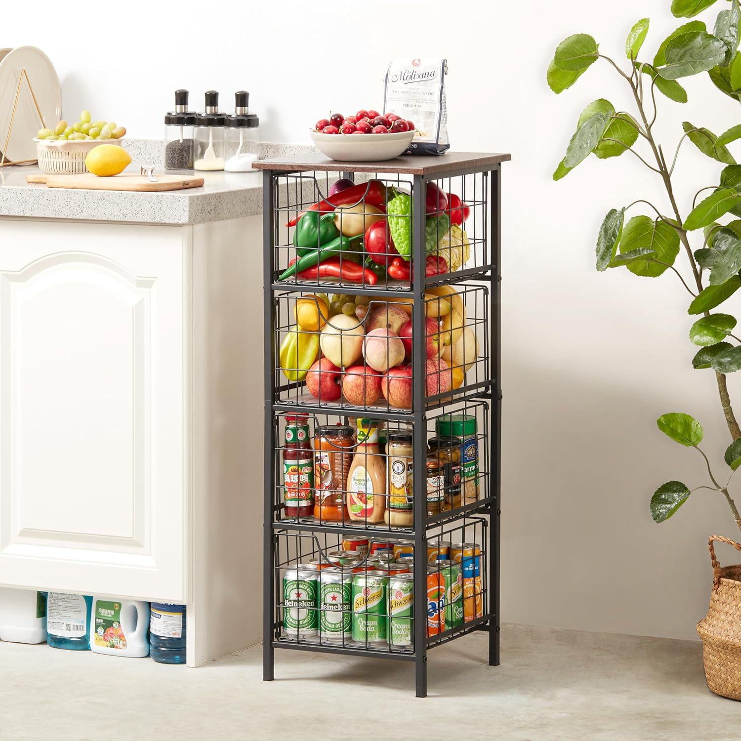 5-Tier FreeStanding Storage Shelves with 4 Pull-Out Baskets,Bathroom ...