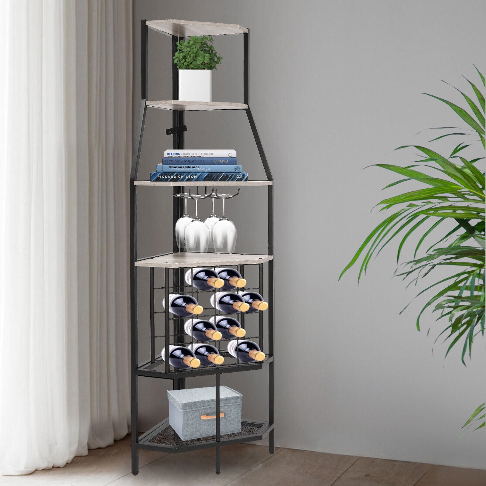 5-Tier Freestanding Corner Wine Rack Industrial Metal and Wooden Corner ...