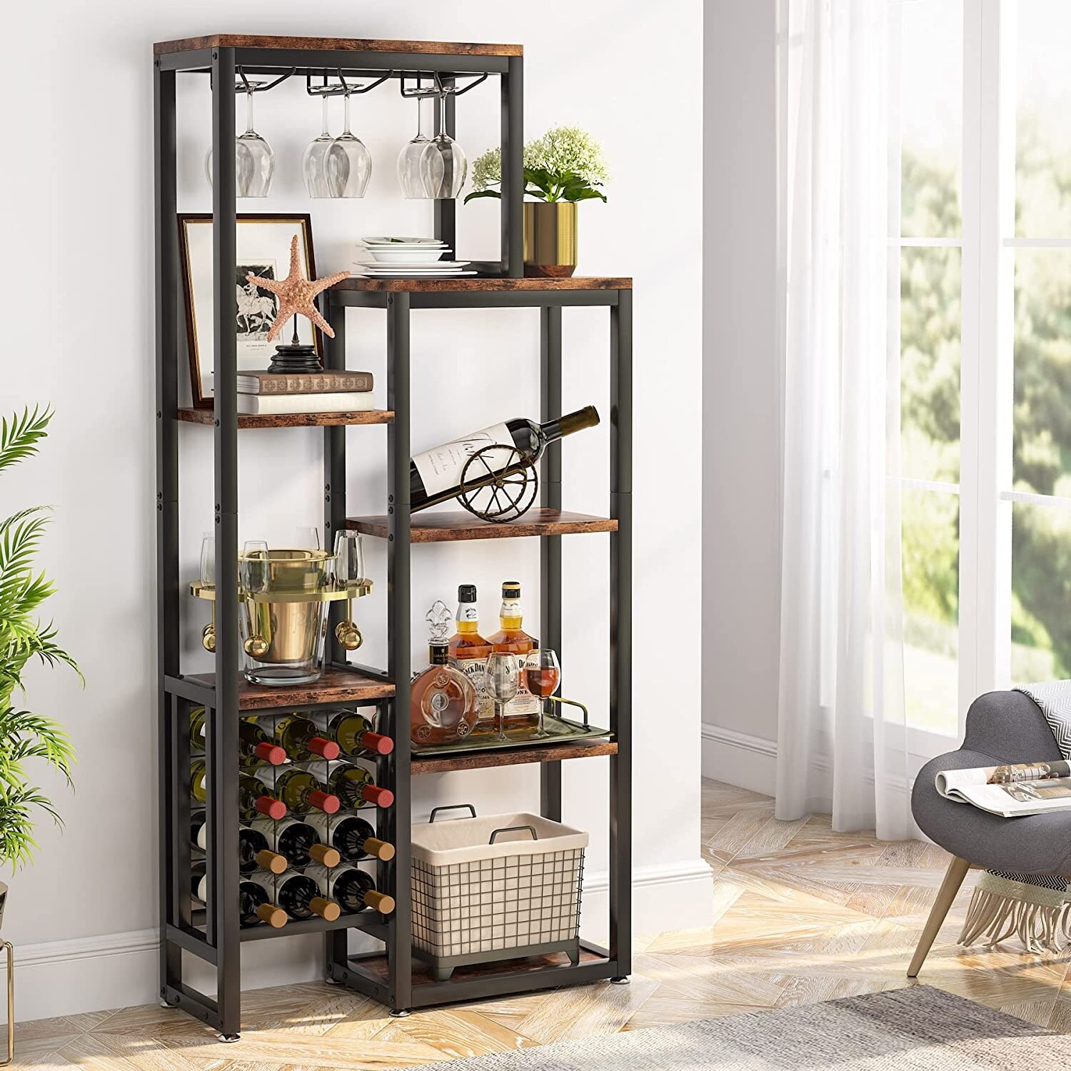 5-Tier Freestanding Floor Wine Baker Rack with Glass Holder & Wine ...