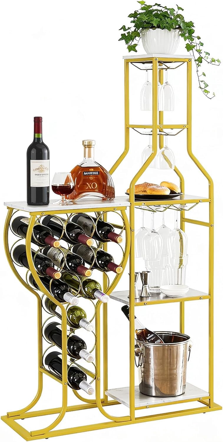 5-Tier Freestanding Wine Rack for 11 Bottles with Glass Hooks, Modern ...