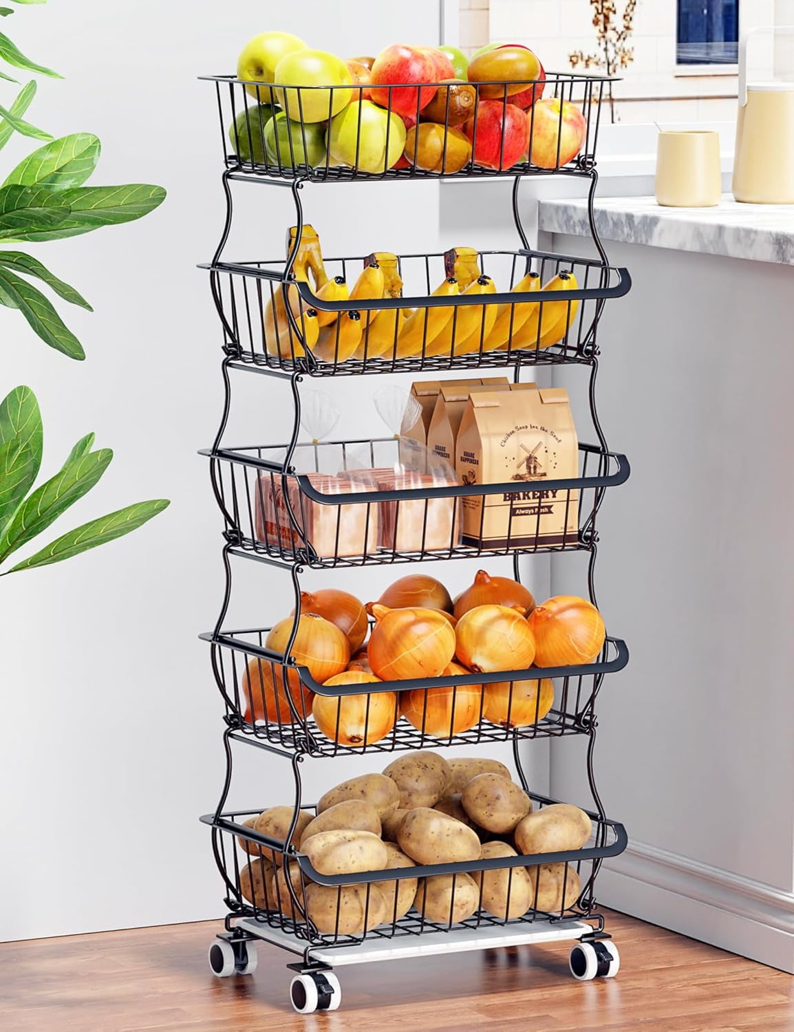 5 Tier Fruit Basket for Kitchen, Stackable Bins Wire Rack with Wheels ...