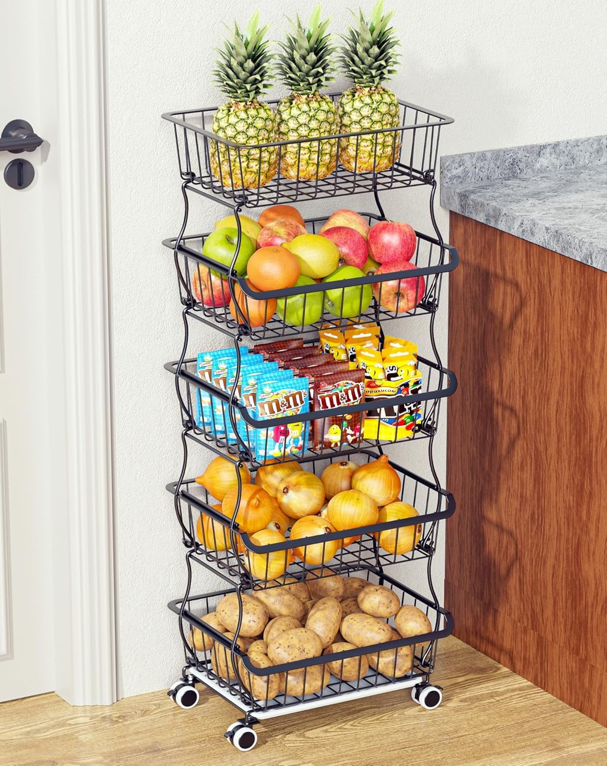 5 Tier Fruit Basket for Kitchen, Stackable Bins Wire Rack with Wheels ...