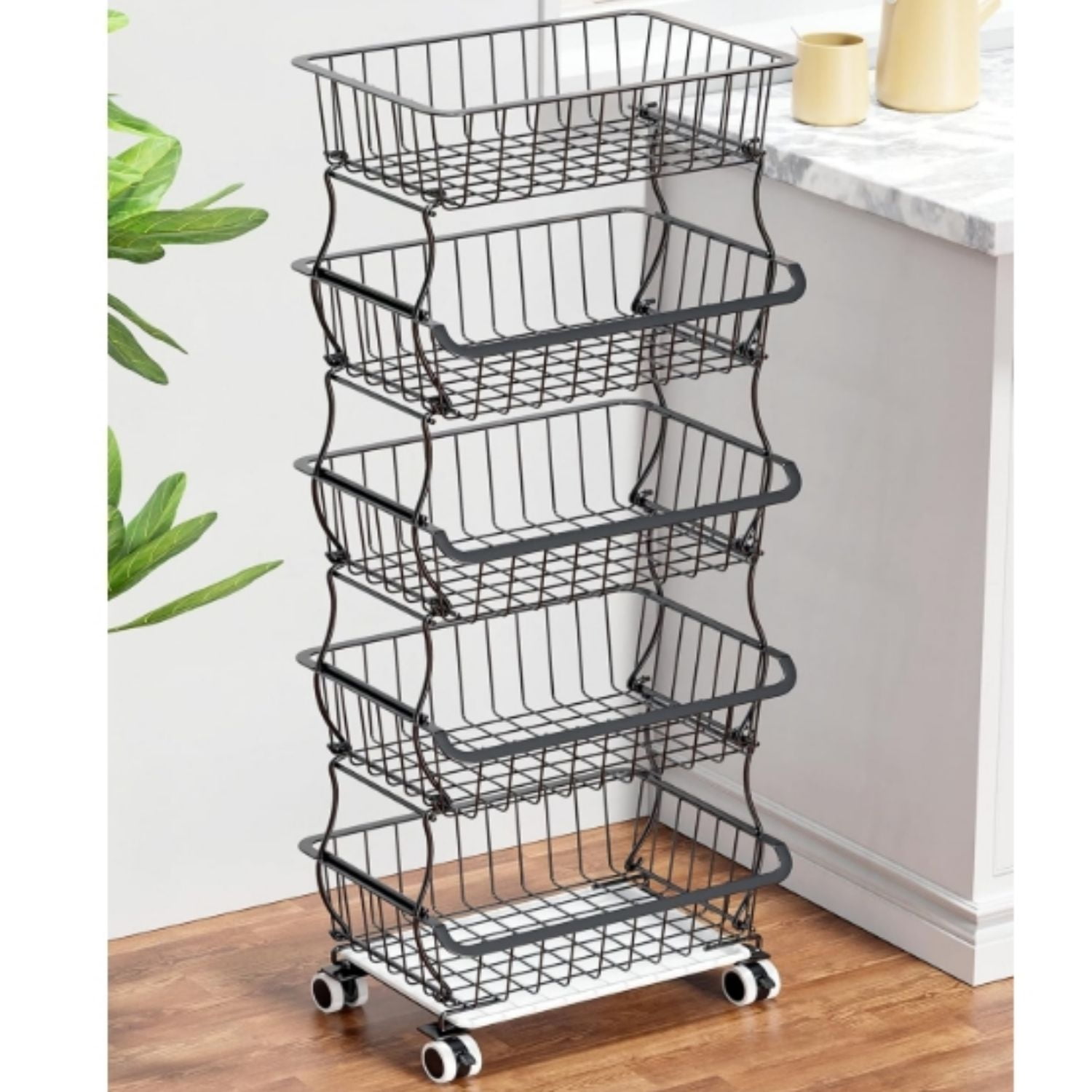 5 Tier Fruit Basket for Kitchen, Stackable Bins Wire Rack with Wheels ...