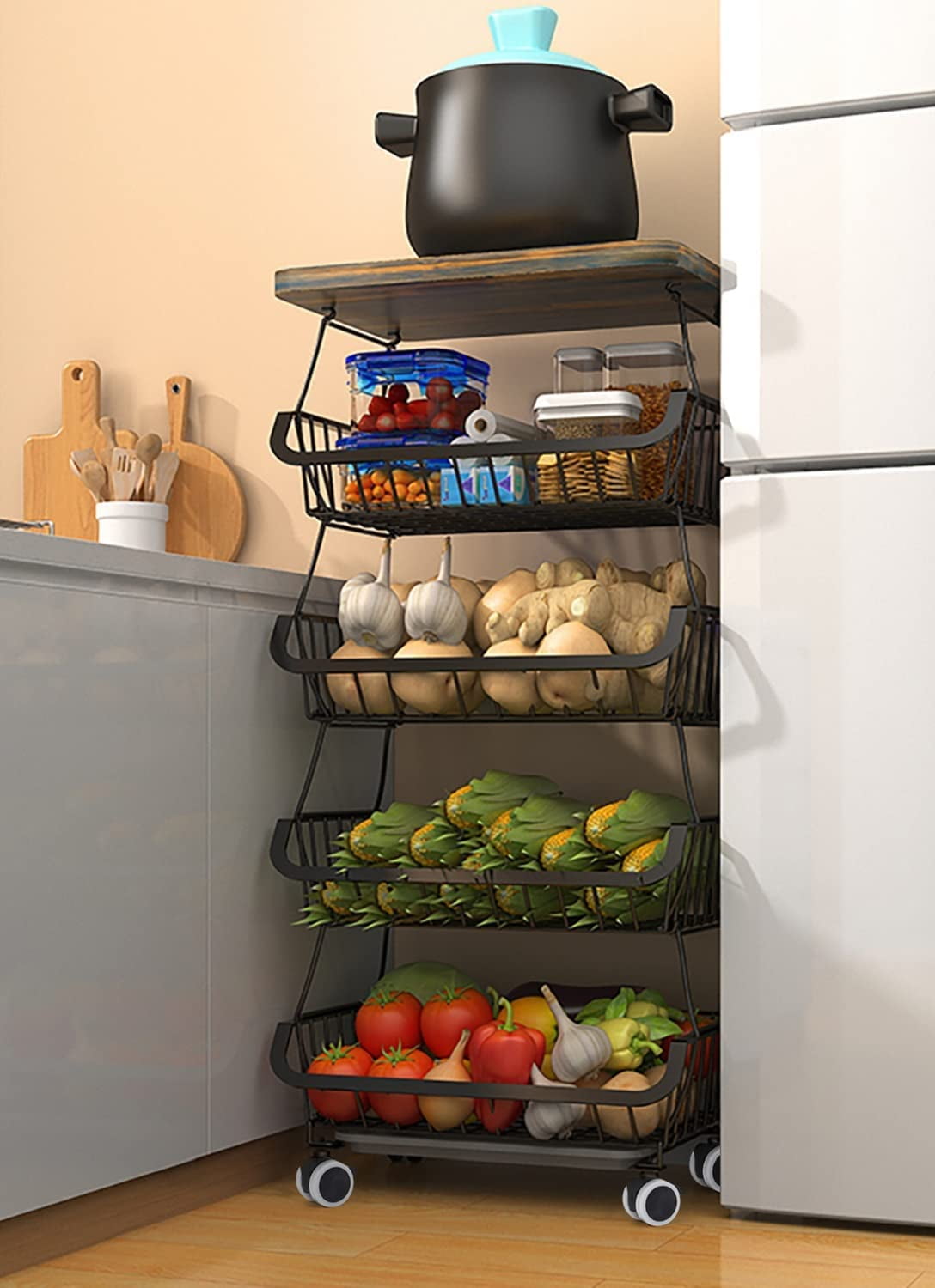 5 Tier Fruit Basket for Kitchen Storage with Wooden Table Top ...