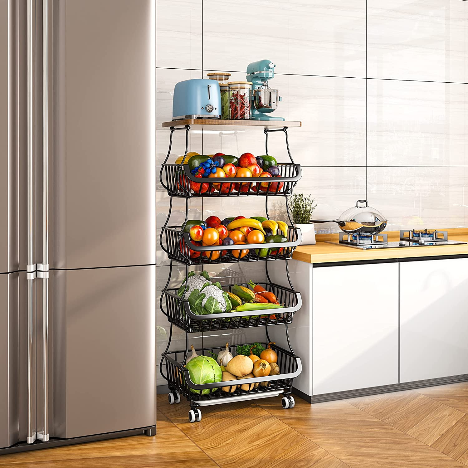 5 Tier Fruit Vegetable Basket for Kitchen with Wooden Tabletop, Storage ...