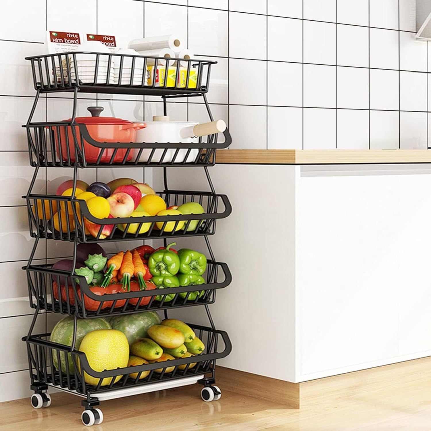 5 Tier Fruit Vegetable Baskets Stackable Metal Storage Basket Cart with ...