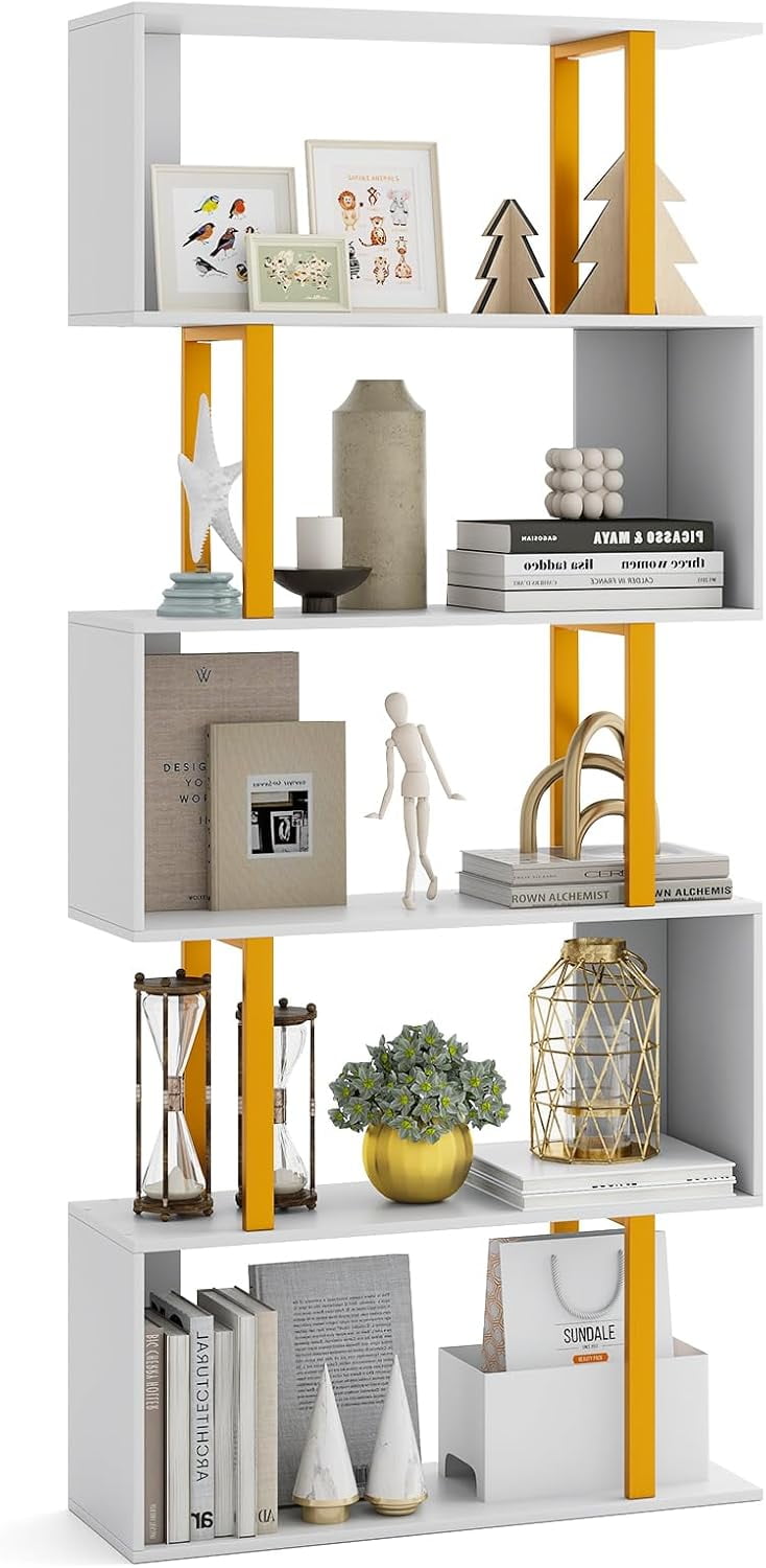 5-Tier Geometric Bookcase, 62-Inch S-Shaped Bookshelf with Metal Frame ...