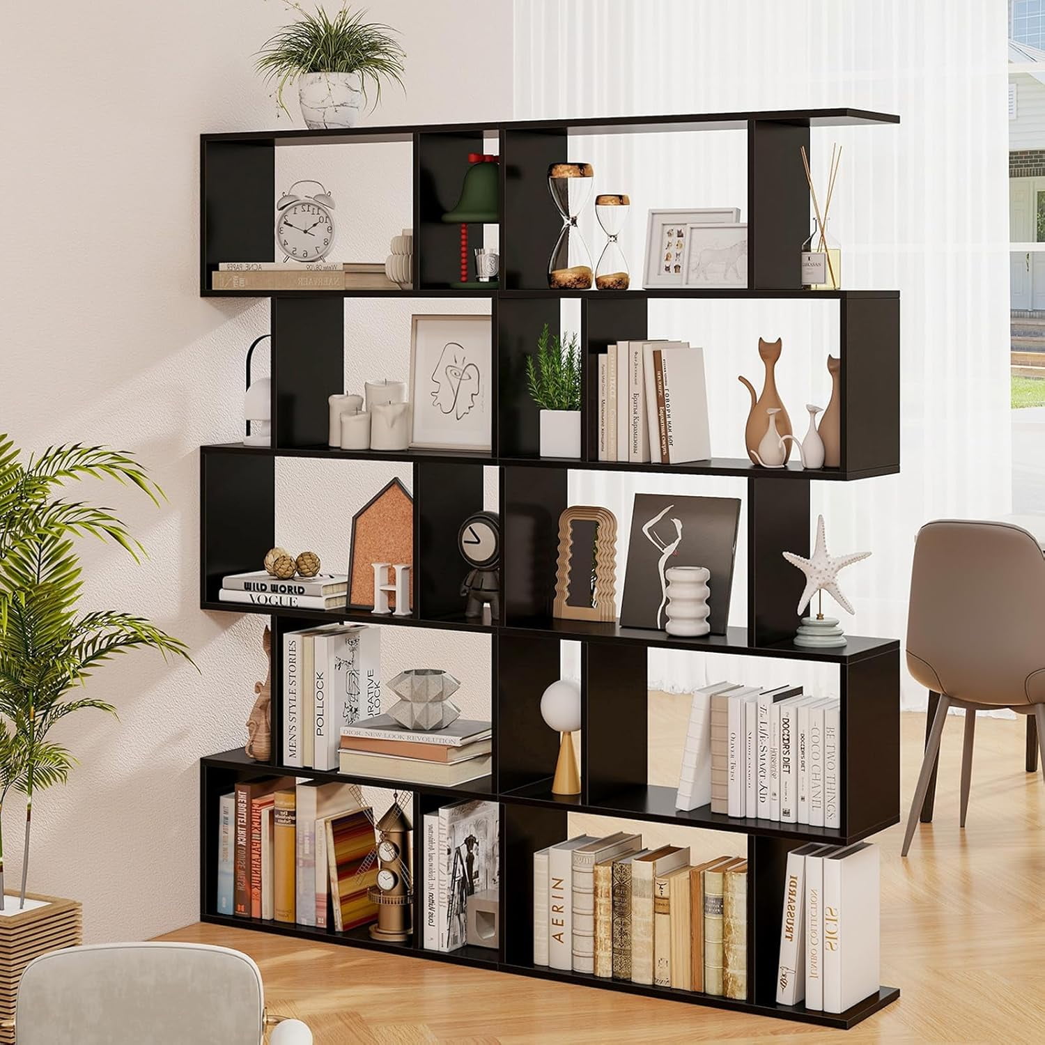 5 Tier Geometric Bookcase S Shaped Bookshelf Decorative Storage ...