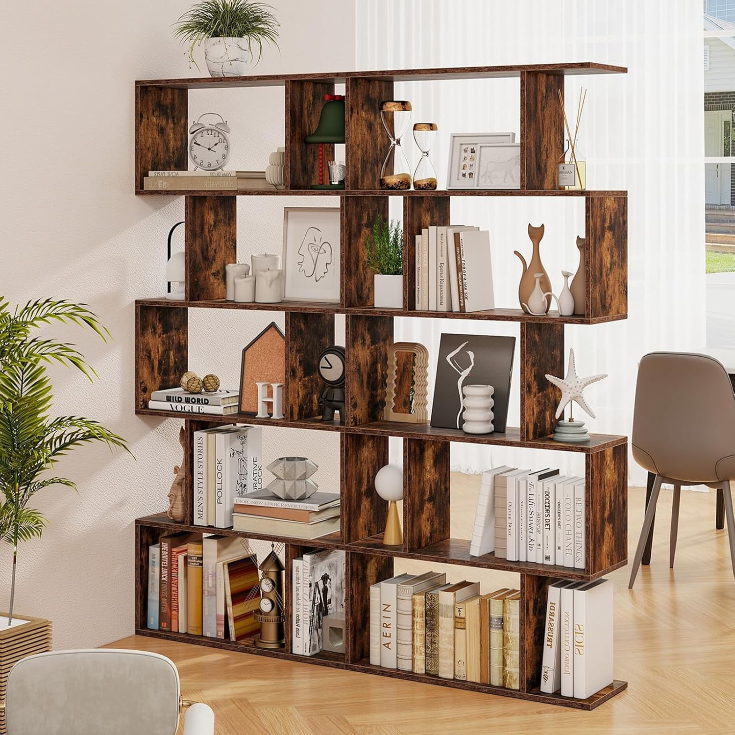 5 Tier Geometric Bookcase, S Shaped Bookshelf, Modern Decorative ...