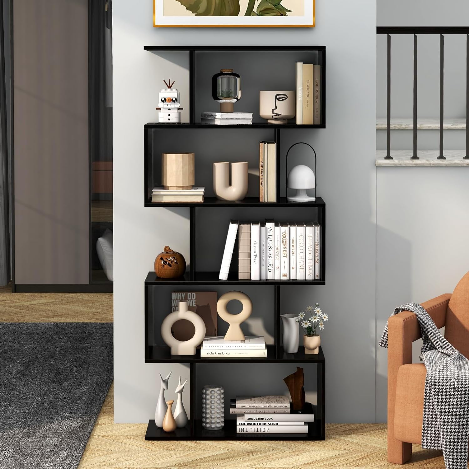 5 Tier Geometric Bookcase, S Shaped Bookshelf, Modern Decorative ...
