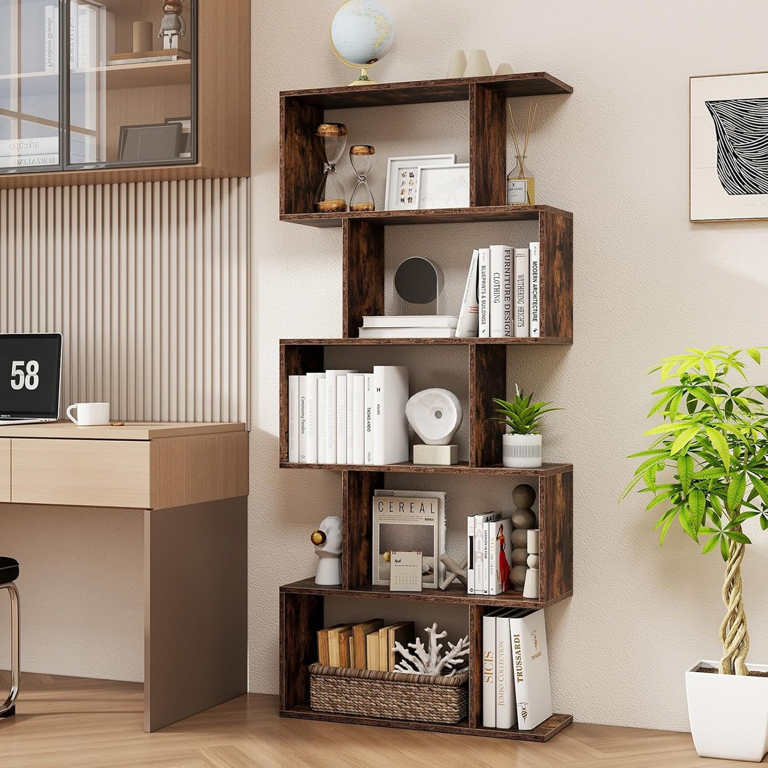 5 Tier Geometric Bookcase, S Shaped Bookshelf, Modern Decorative ...