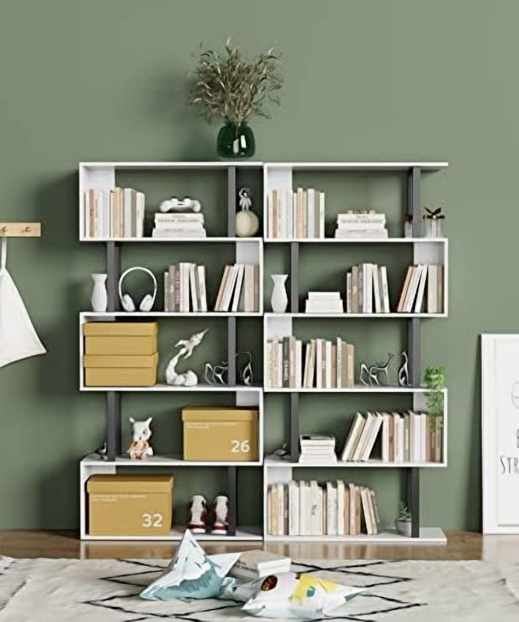 5 Tier Geometric Bookcase,S Shaped Bookshelf, Wood Decorative Storage ...