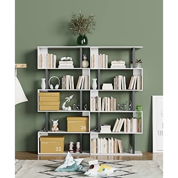5 Tier Geometric Bookcase,S Shaped Bookshelf, Wood Decorative Storage ...