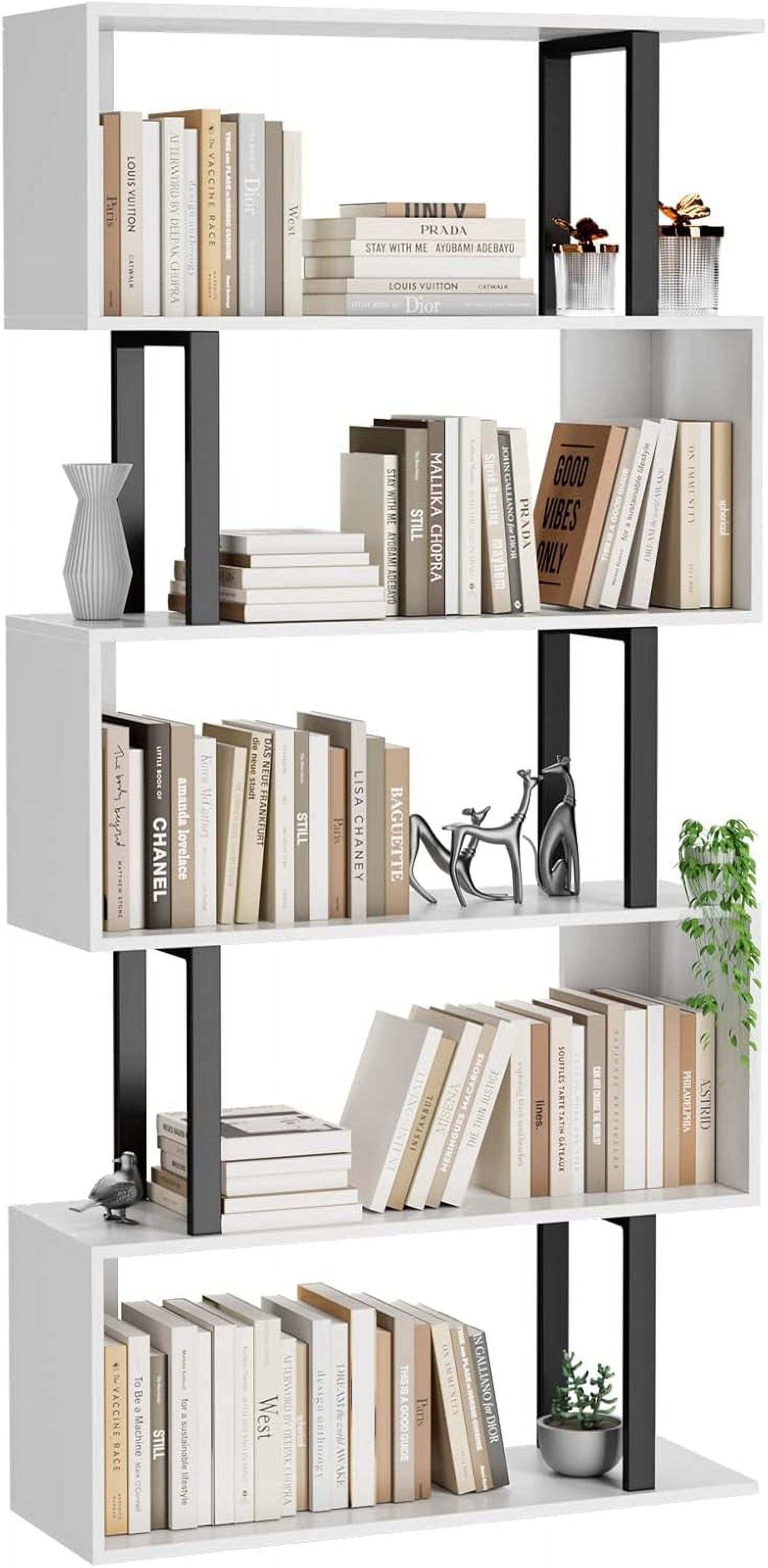 5 Tier Geometric Bookcase,S Shaped Bookshelf, Wood Decorative Storage ...