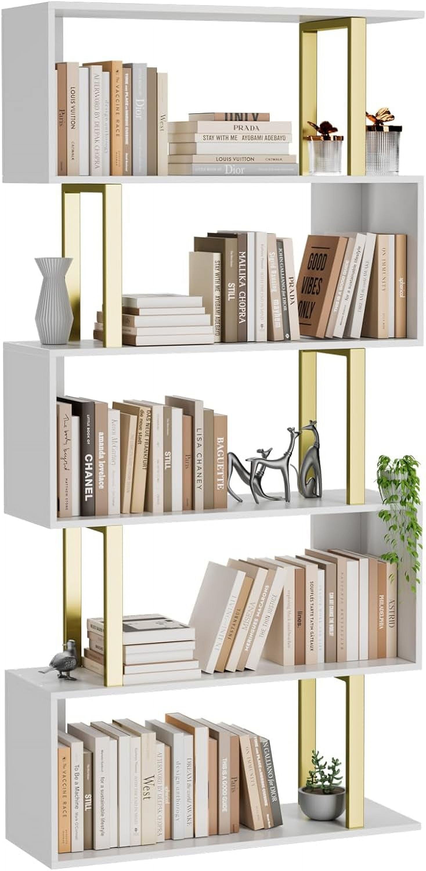 5-Tier Geometric Bookcase,S Shaped Bookshelf, Wood Decorative Storage ...
