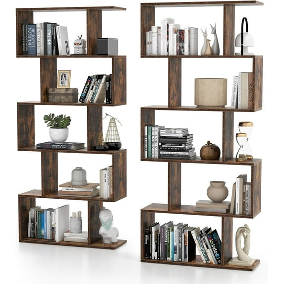 5-Tier Geometric Bookcase Set of 2, 62.5” Freestanding Room Divider ...