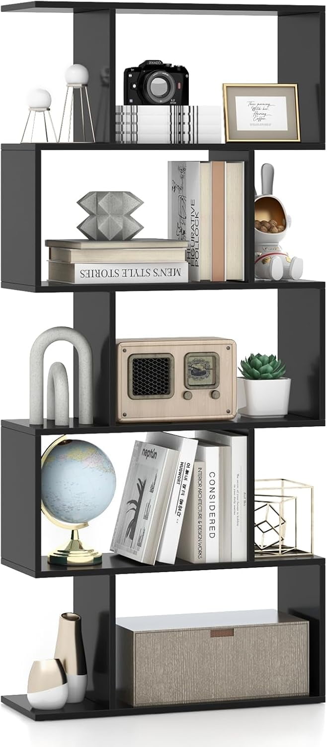 5-Tier Geometric Bookshelf Black, 62.5" Tall Wood S-Shaped Bookcase ...