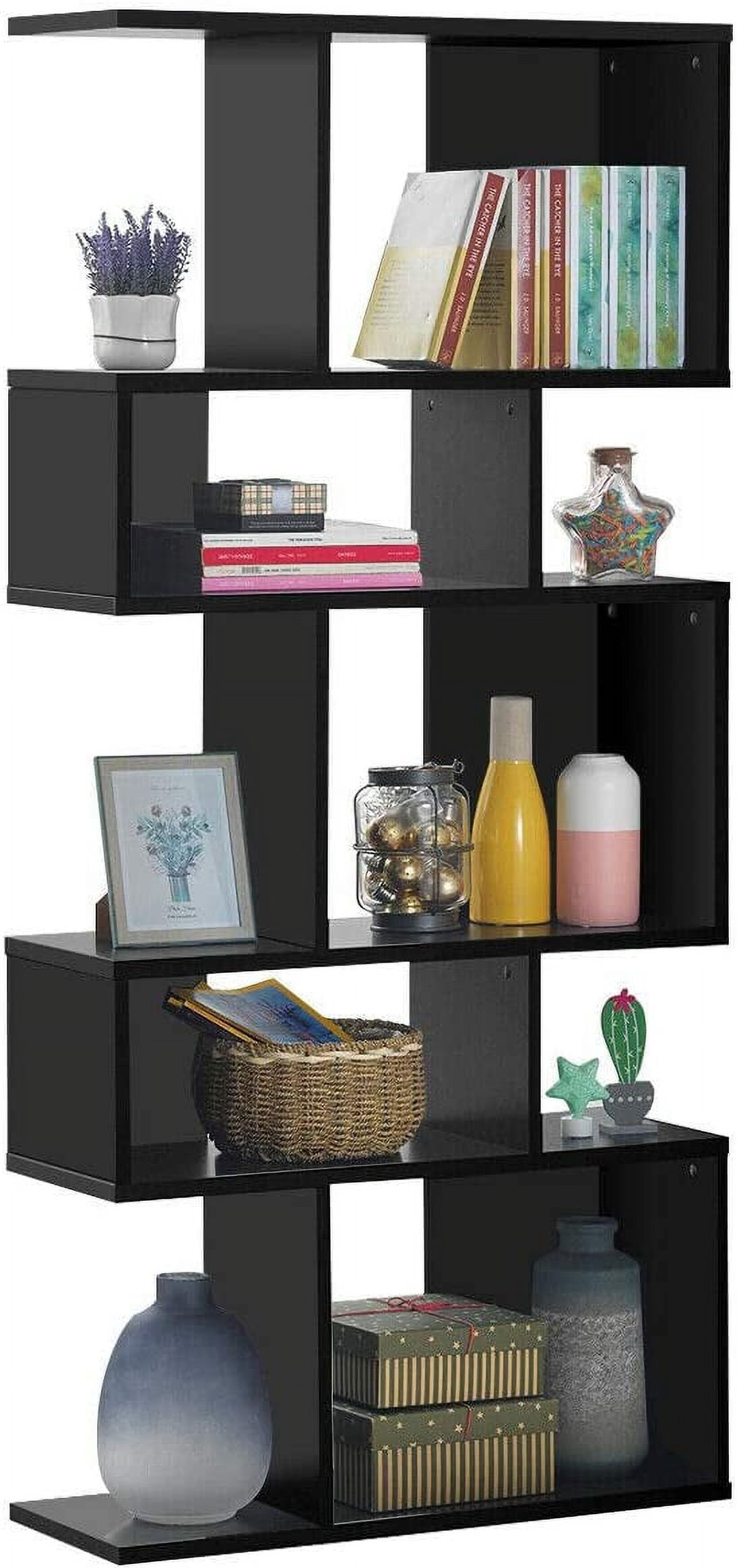 5-Tier Geometric Bookshelf Black, 70" Tall Wood Freestanding Decorative ...