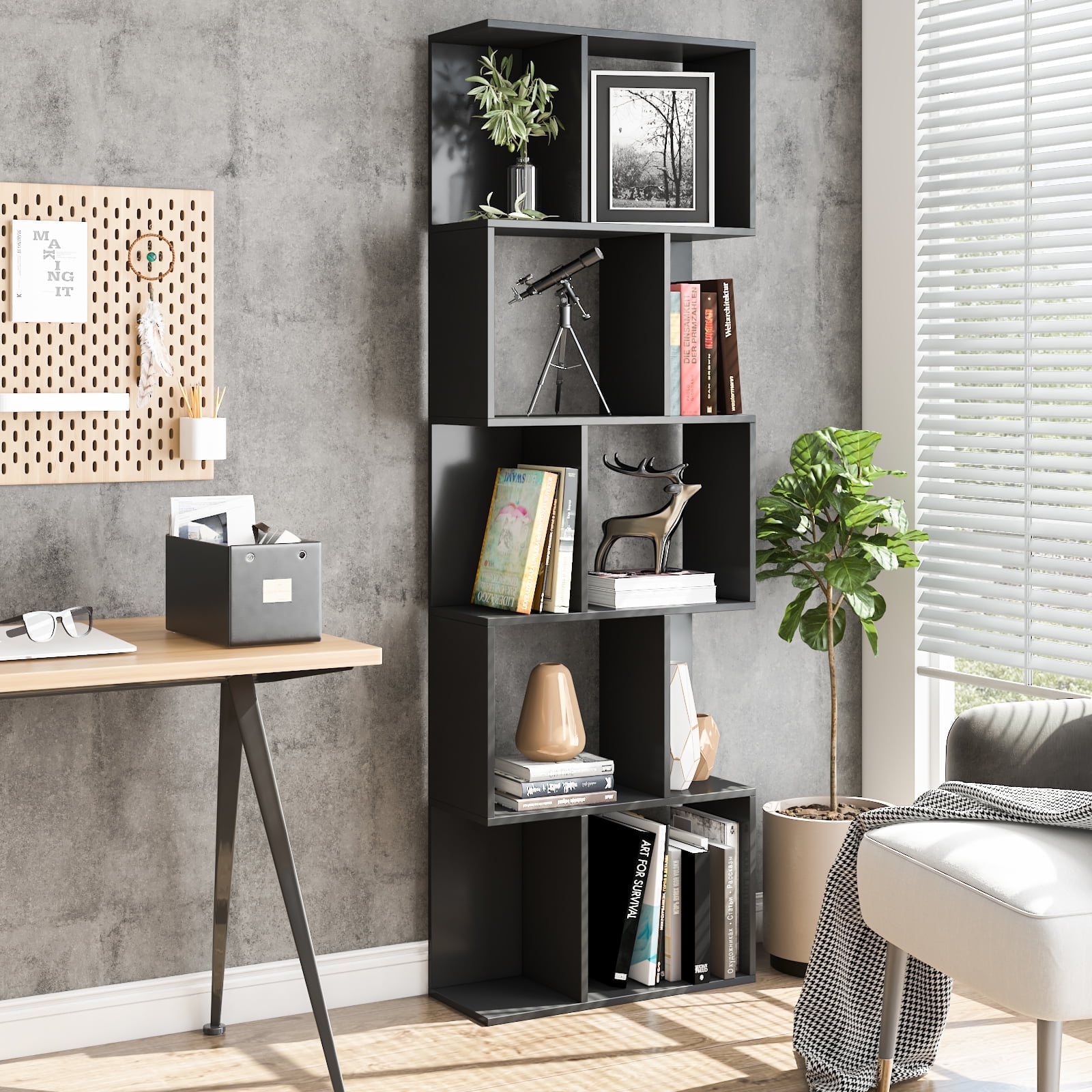 Hommpa DIY TV Stand 5-Tier Bookshelf Bookcase, Walnut S-Shaped Z-Shelf ...