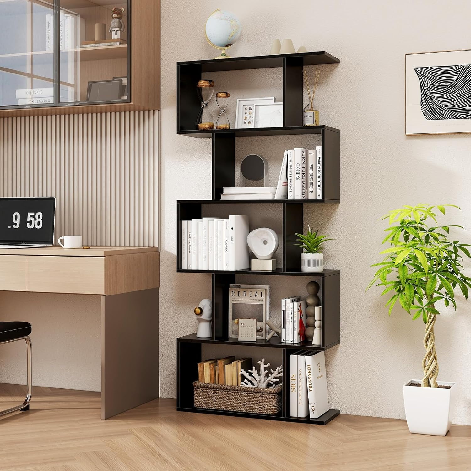 5-Tier Geometric Bookshelf, Freestanding Room Divider Bookcase, S ...