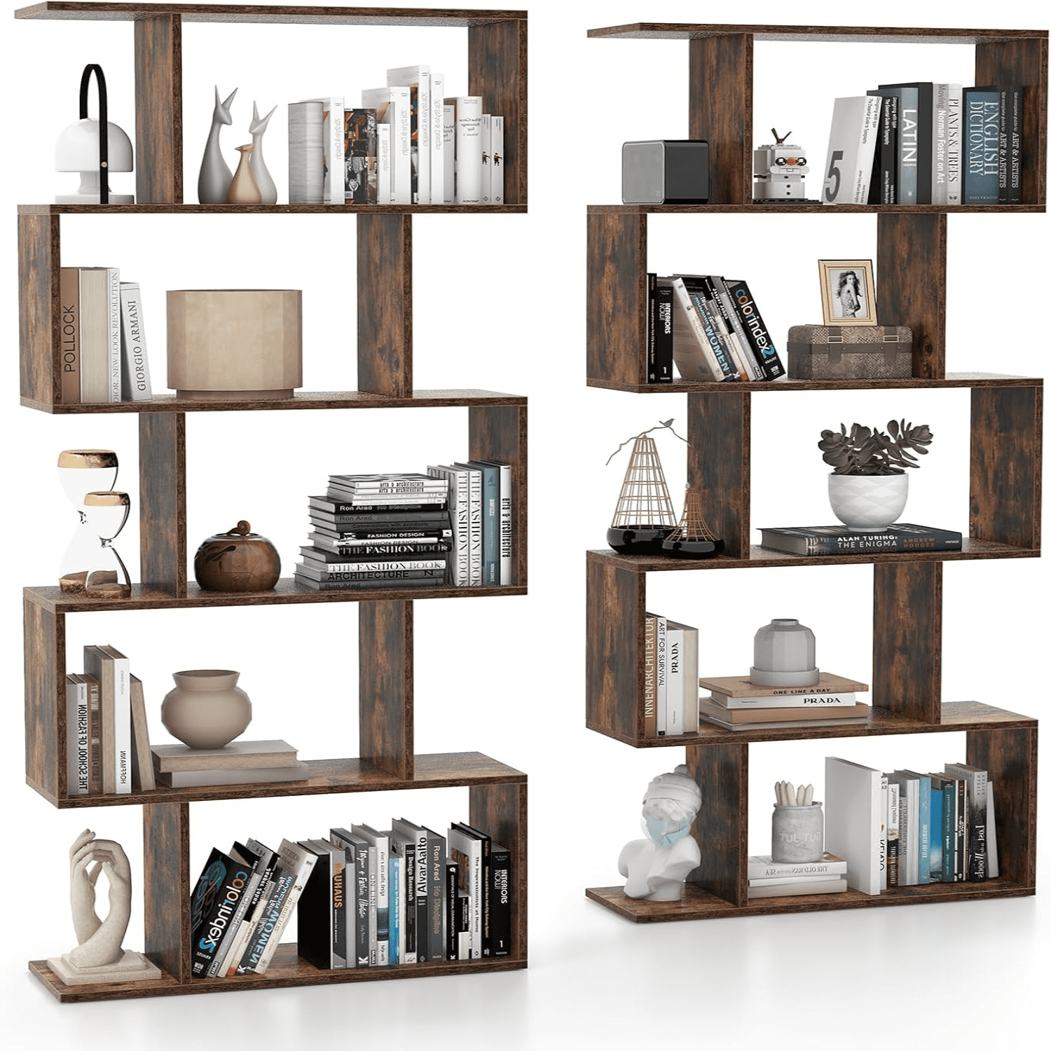 5-Tier Geometric Bookshelf S Shaped Bookcase w/Anti-Toppling Device ...