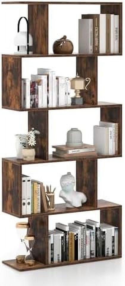 5-Tier Geometric Bookshelf S Shaped Bookcase w/Anti-Toppling Device ...