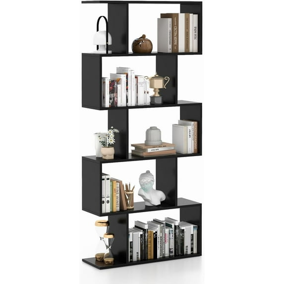 5-Tier Geometric Bookshelf, S Shaped Bookcase w/Anti-Toppling Device ...