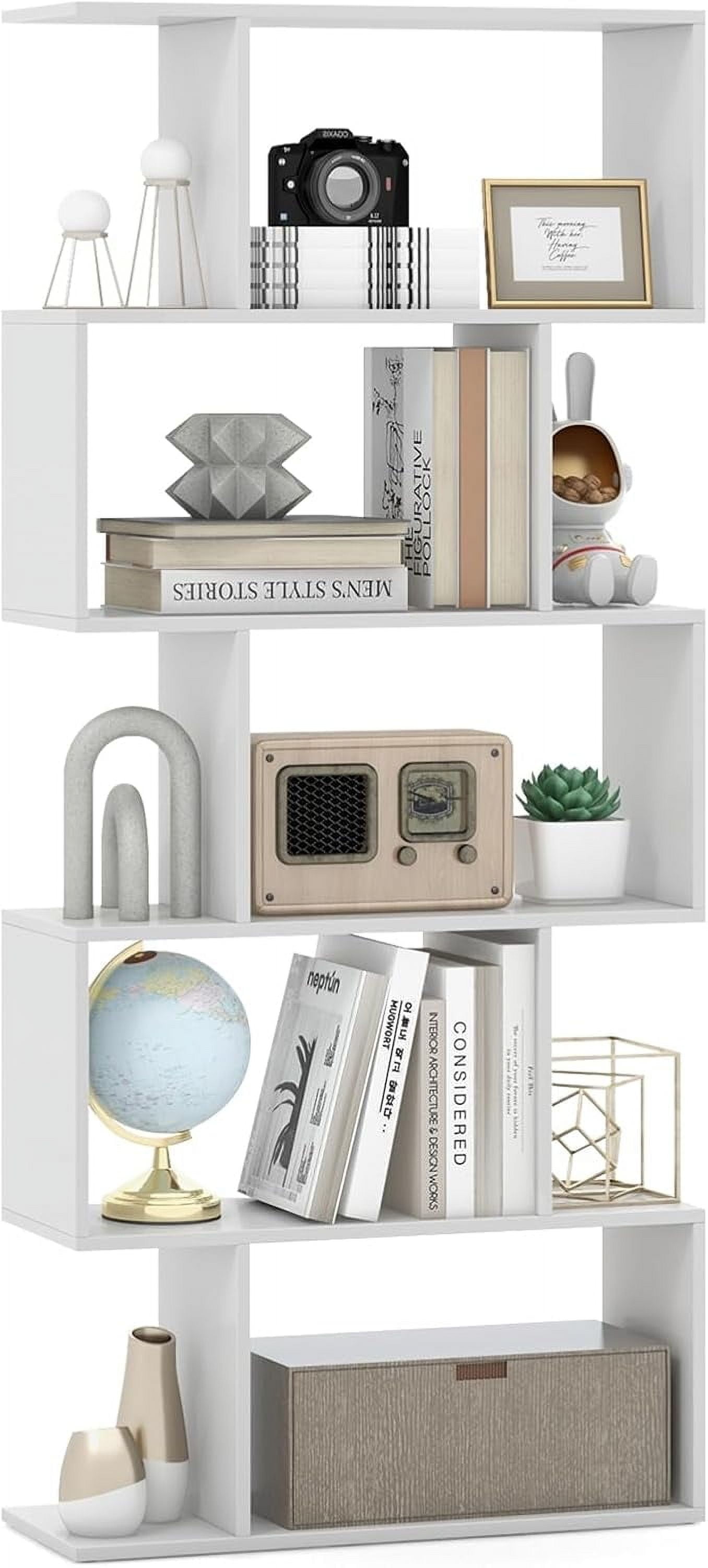 5-Tier Geometric Bookshelf White, 62.5" Tall Wood S-Shaped Bookcase ...