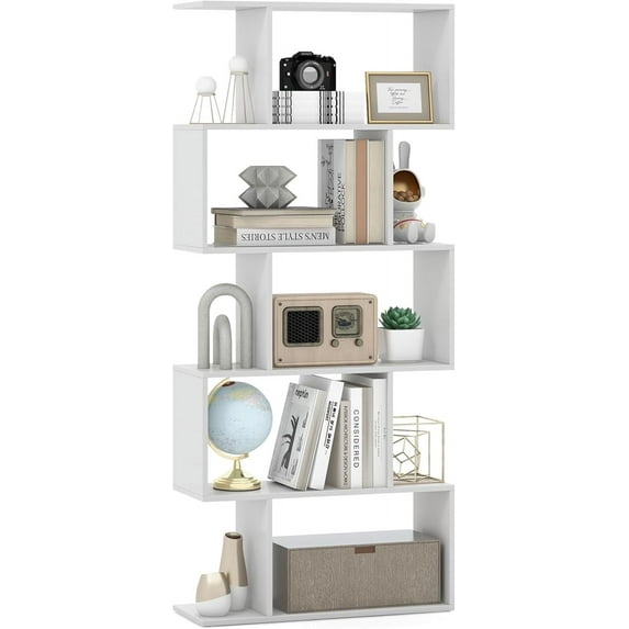 5-Tier Geometric Bookshelf White, 62.5" Tall Wood S-Shaped Bookcase ...