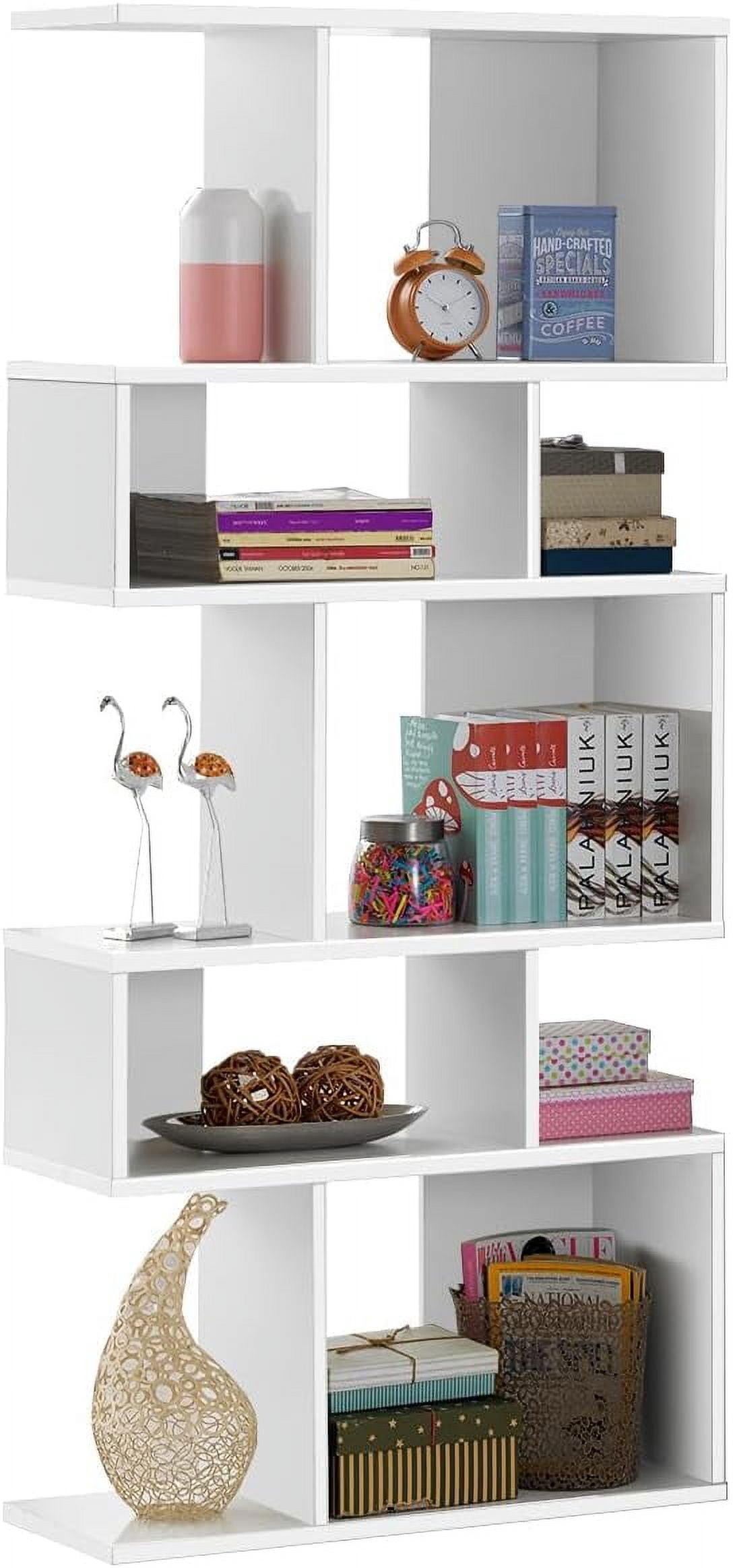 **5-tier geometric bookshelf white, 70'' tall wood freestanding ...
