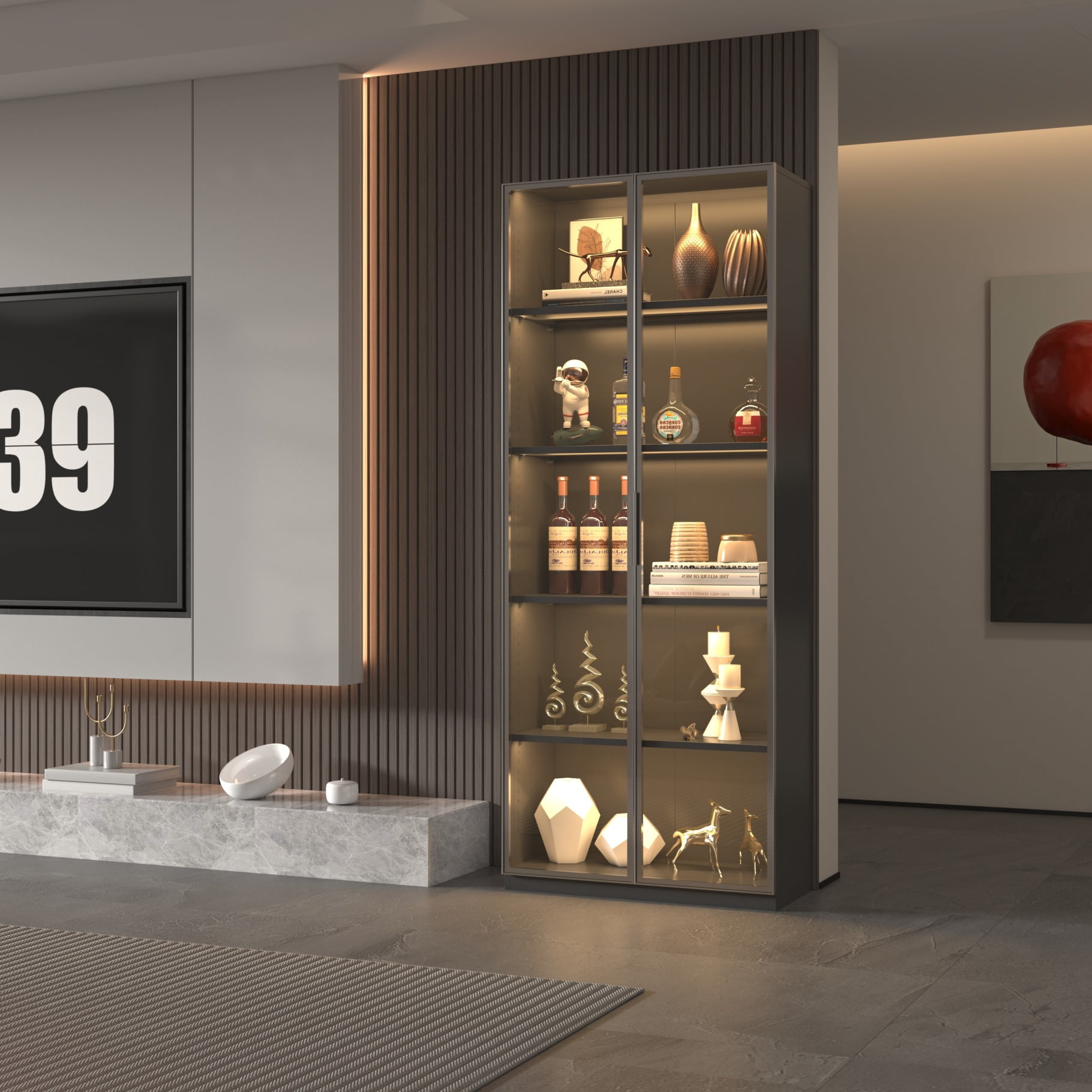 5-Tier Glass Display Cabinet with LED Light, Curio Storage Cabinet with ...