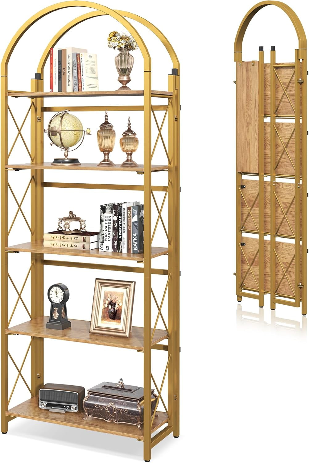 5-Tier Gold Arched Folding Bookshelf with Storage Shelves, 71.3" Tall ...